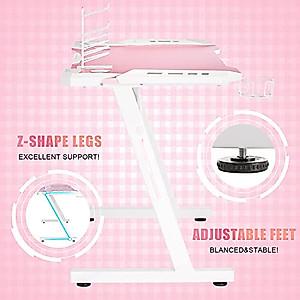 HomeMiYN Gaming Desk with LED Lights, 43.3'' Z Shaped RGB Effect Lighting Ergonomic Computer Game Desk PC Table Workstation with Headphone Hook & Cup Holder, Pink