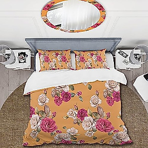 DESIGN ART Designart 'White and Red Roses On Mustard Background' Traditional Duvet Cover Set King