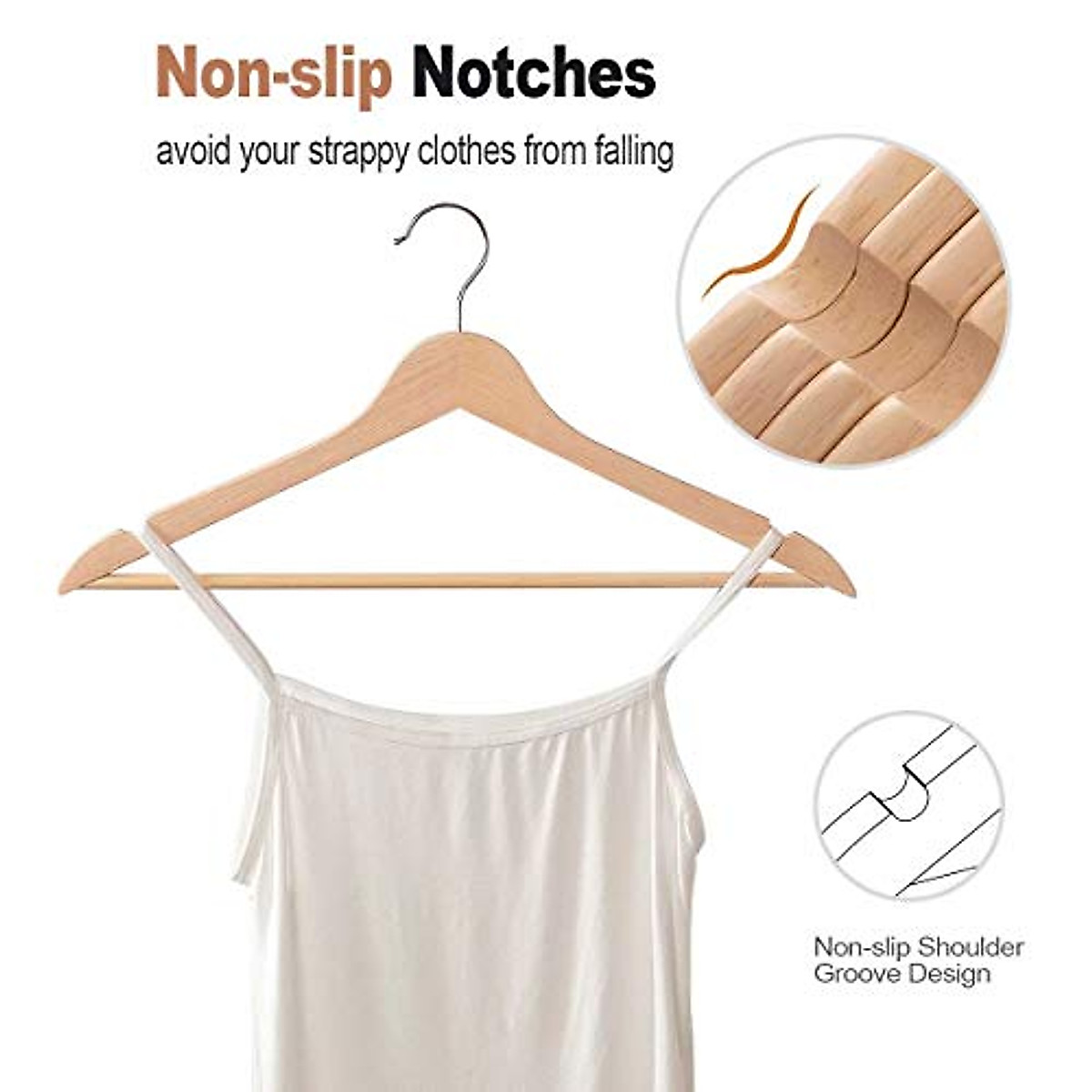 ELONG HOME Solid Wooden Hangers 20 Pack, Wood Suit Hangers with Extra Smooth Finish, Precisely Cut Notches and Chrome Swivel Hook, Wooden Clothes Hangers for Shirt Coat Jacket Dress, Natural