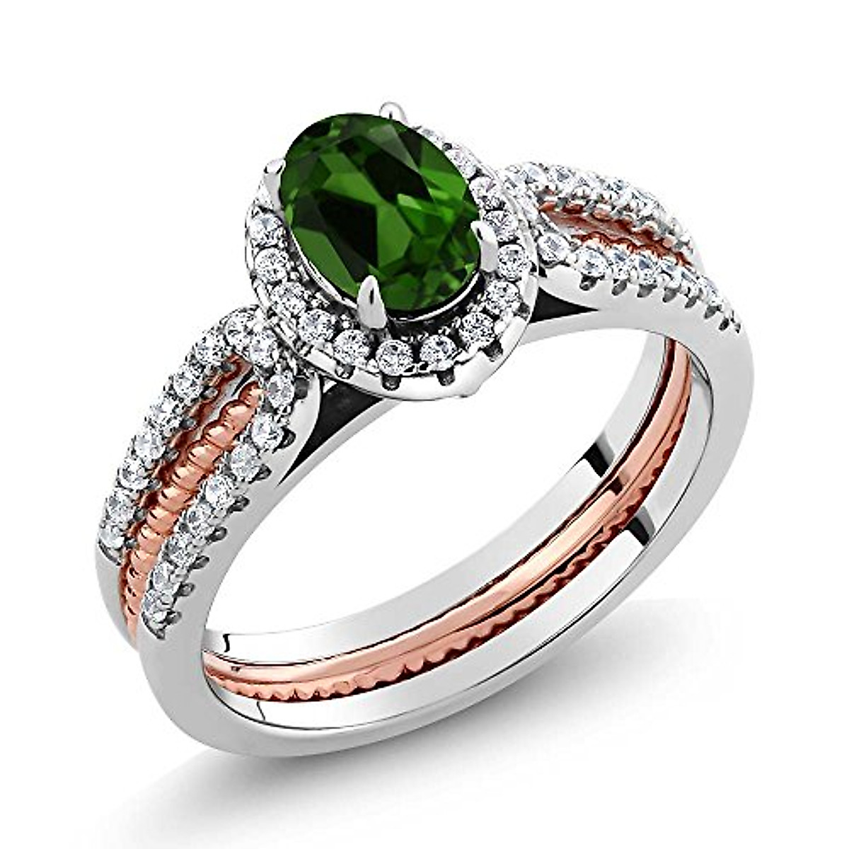 Gem Stone King 925 2-Tone Sterling Silver Chrome Diopside Wedding Band Insert Stackable Ring For Women (1.32 Cttw, Available In Size 5, 6, 7, 8, 9)