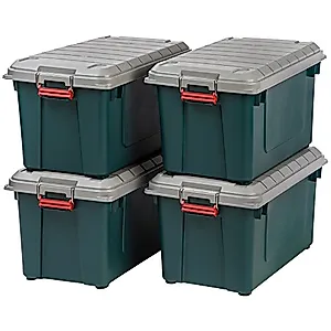 IRIS USA 82 Quart Weathertight Plastic Storage Boxes, Heavy-Duty Utility Totes with Durable Lid and Secure Latching Buckles, Garage and Outdoor, Green/Gray, 4 Pack