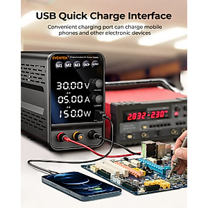 Eventek DC Power Supply, 30V/5A Variable Power Supply with Encoder Adjustment Knob, Memory Switching Bench Power Supply with 4-Digits LED Display, 5V/3.6A USB Output & Banana Plug Lead