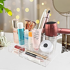 Hair Tool Organizer, Acrylic Hair Dryer Holder with 2 Drawers Hair Product Organizer for Bathroom Countertop Hair Styling Accessories & Hot Tool Organizer for Blow Dryer,Flat Irons, Curling Iron