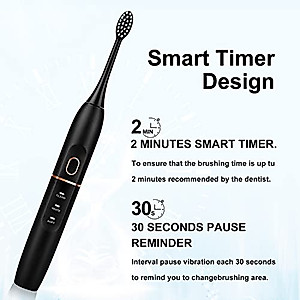 kingheroes Sonic Electric Toothbrush with 8 Brush Heads & Travel Case，4 Modes, One Charge for 60 Days, 42000 VPM Motor，Black Electric Toothbrush Set