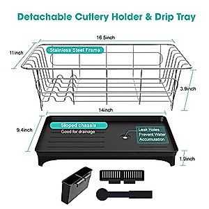 ANTOWIN Dish Drying Rack, Dish Drainer with Drip Tray, Anti-Rust Frame, Swivel Spout Large Storage Draining Board Design, Removable Cutlery Holder for Kitchen - Black with Dishwashing Brush