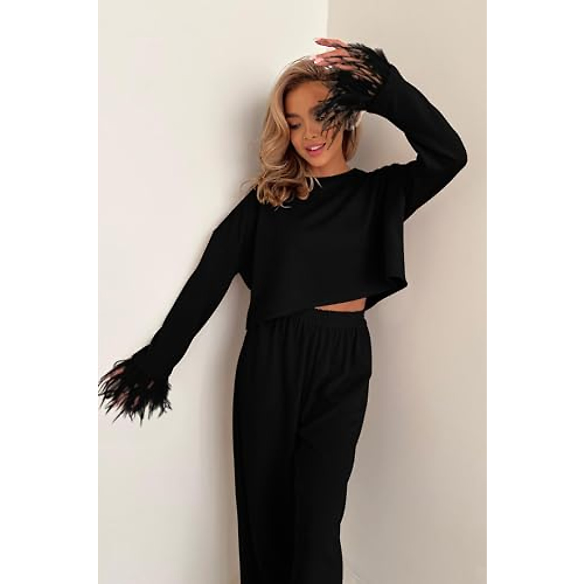 PRETTYGARDEN Women's 2024 Fall 2 Piece Tracksuit Outfits Casual Long Sleeve Pullover Tops And Palazzo Pants Sets (Black,Large)