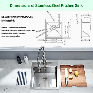 EcoChannels Kitchen Sink, 17 x 19 Inch Drop-in Bar Sink Stainless Steel Topmount Kitchen Sink Single Bowl Workstation Sink