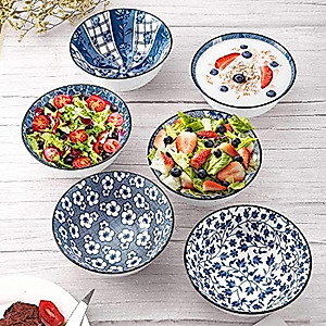 DeeCoo 6 Pack 24-Ounce Japanese Style Ceramic Cereal Bowls for Cereal, Salad, Soup, Pho, Ramen, Dessert, Rice, Noodle, Pasta Bowl Set - Microwave Safe, Stackable, Blue and White, Assorted Patterns