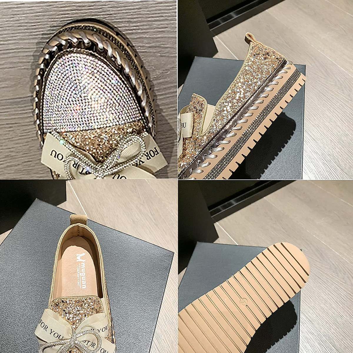 KCTRFSJ Women's Rhinestones Glitter Bow Platform Sneaker,Handmade Flat Casual Slip On Loafers,Comfort Low Top Walking Shoes (Pink,6,6)