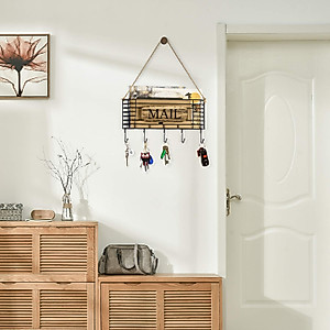 SRIWATANA Mail Holder, Rustic Mail Organizer Wall Mount Hanging Mail Sorter Letter Basket with 5 Key Holder for Wall, Large, Carbonized Black