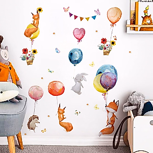 MEFOSS Colorful Cute Animal Balloons Wall Stickers for Kids Watercolor Removable Hedgehog Rabbit Fox Wall Decals DIY Decorations for Nursery Baby Boys Girls Bedroom Playroom Living Room Gaming Room