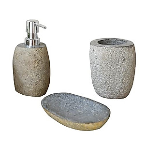 Joglo Living - River Stone Bathroom Accessories Set, Natural Stone Hand soap Dispenser with Bronze or Silver Pump, Toothbrush Holder, soap Dish (Silver Pump), Grey