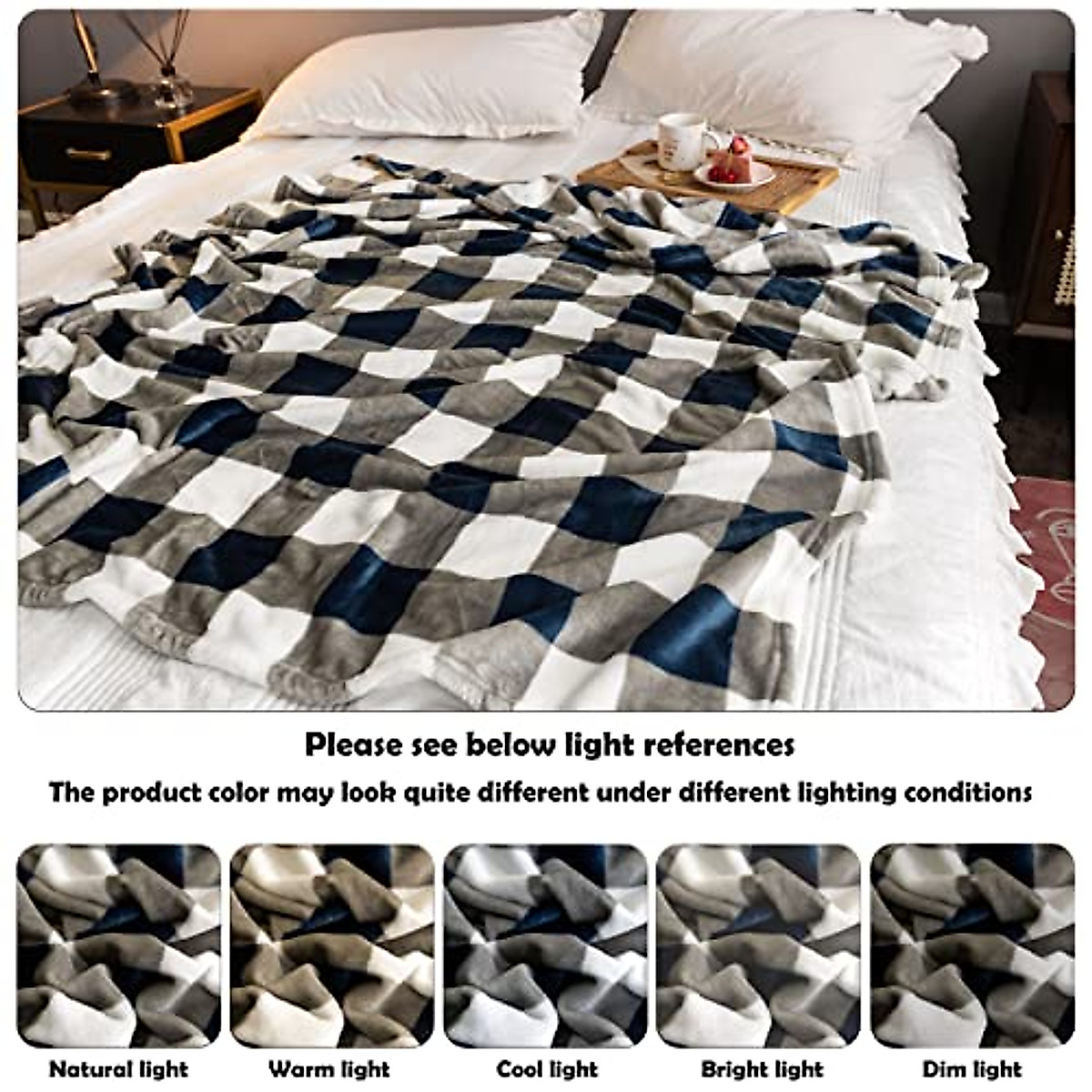 NEWCOSPLAY Buffalo Plaid Throw Blanket Soft Flannel Fleece Checker Pattern Lightweight Decorative Blanket for Bed Couch (280GSM-White-Navy Blue, Throw(50"x60"))
