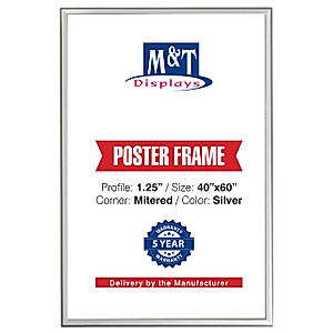 M&T Displays Snap Poster Frame Silver 1.25" Aluminum Profile Front Loading Wall Mounting Photo Picture Document Certificate Sign Holder Mitered Corner Anti Glare Cover (Silver, 40x60 in)