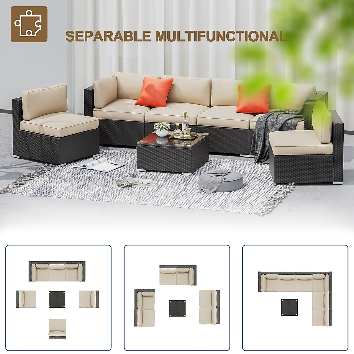 Patiomore 7-Piece Outdoor Patio Sectional Sofa Sets, Black Brown PE Wicker Furniture Set with Glass Coffee Table, Brown Cushion