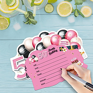 ERHACHAIJIA 20 PCS Pink & Black Golden Balloons & Cake Shaped Fill-In Invitations Cards With Envelopes, Funny 50th Happy Birthday Party 50 Year Old Birthday Invites For Women Lady Wife Mom Adults