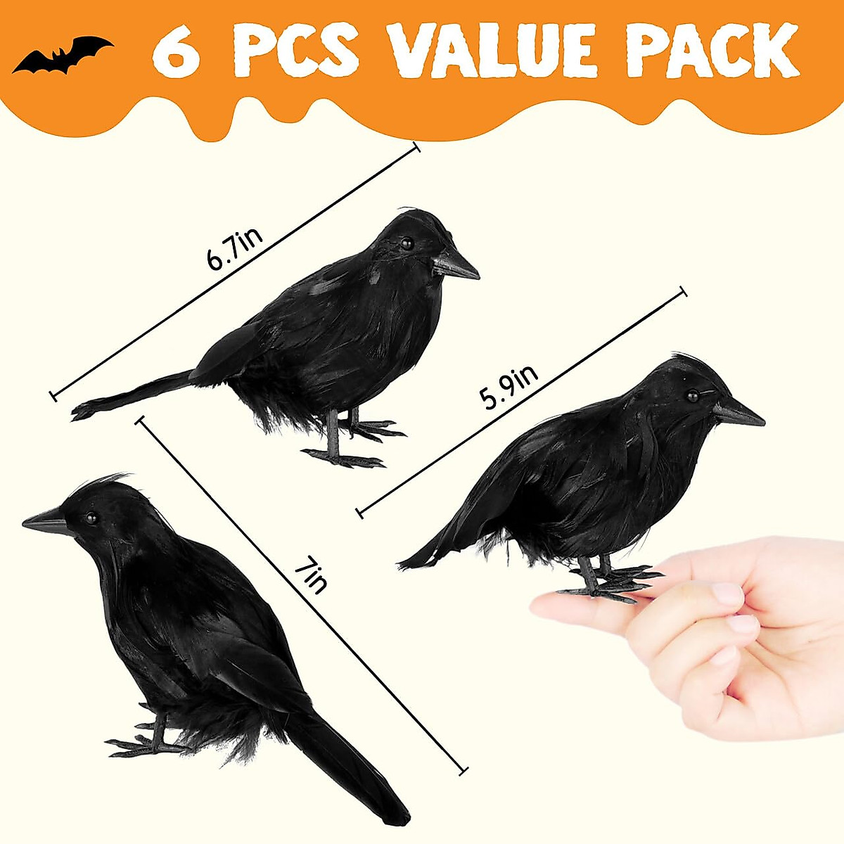 JOYIN 6 Pcs Crow Raven Halloween Decoration Indoor Outdoor Decor, Black Fake Crows Ravens Bird Props Haunted House Graveyard Cemetery Yard Table Decor Halloween Party Favors Desk Trees Walls Windows
