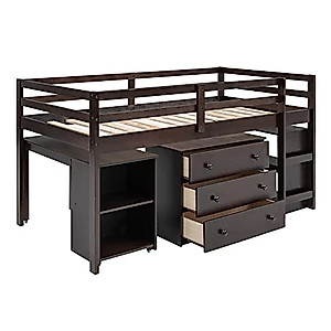 DEYOBED Twin Size Wooden Loft Bed Frame with Cabinet, Rolling Portable Desk and Storage Shelves for Kids Teens