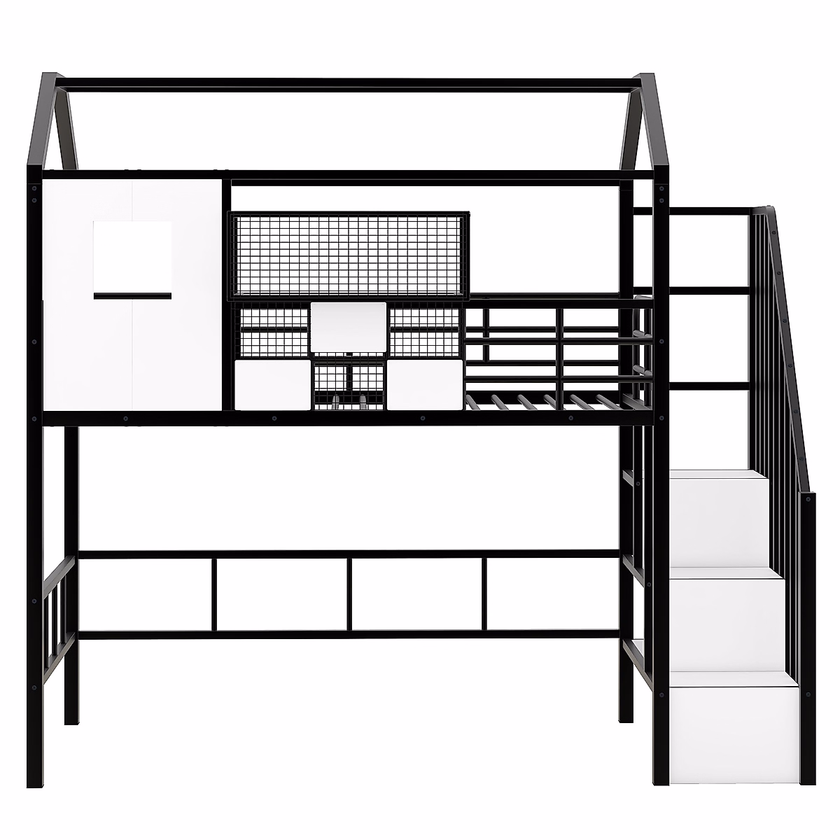 Twin Loft Bed with Storage Stairs, Roof, Window and Guardrail, House Loft Bed Twin Size/Metal Loft Bed with Storage Box, Twin Loft Bed for Kids, Girls Boys, Twin Size House Loft Bed Black