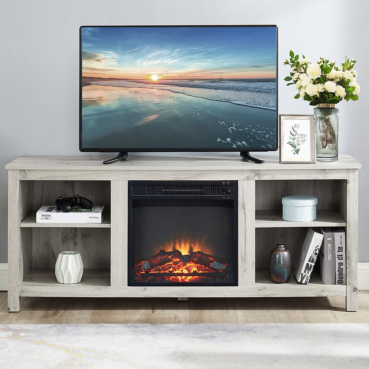 CHADIOR Wooden Stand and Electric Fireplace, Fit up to 65" Flat Screen TV with Cabinet and Adjustable Shelves Entertainment Center for Living Room, Light Grey