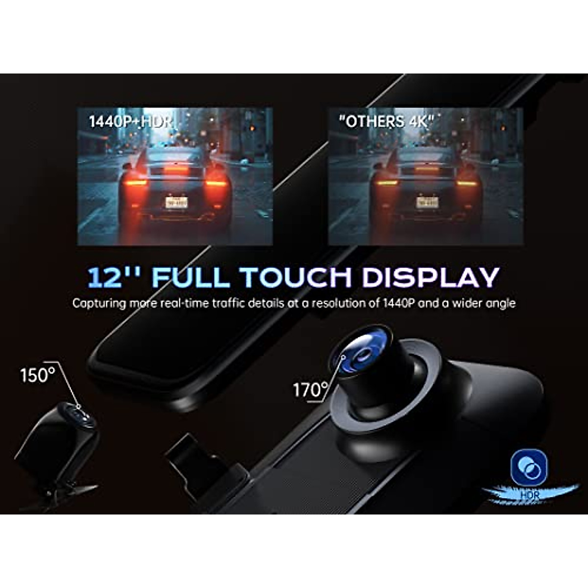 Pelsee P12 Mirror Dash Cam, 12'' 1440P QHD Front and Rear View Mirror Camera, Dual Dash Cam for Cars and Trucks, Night Vision, Voice Control, Parking Assistance, Reversing Assistance