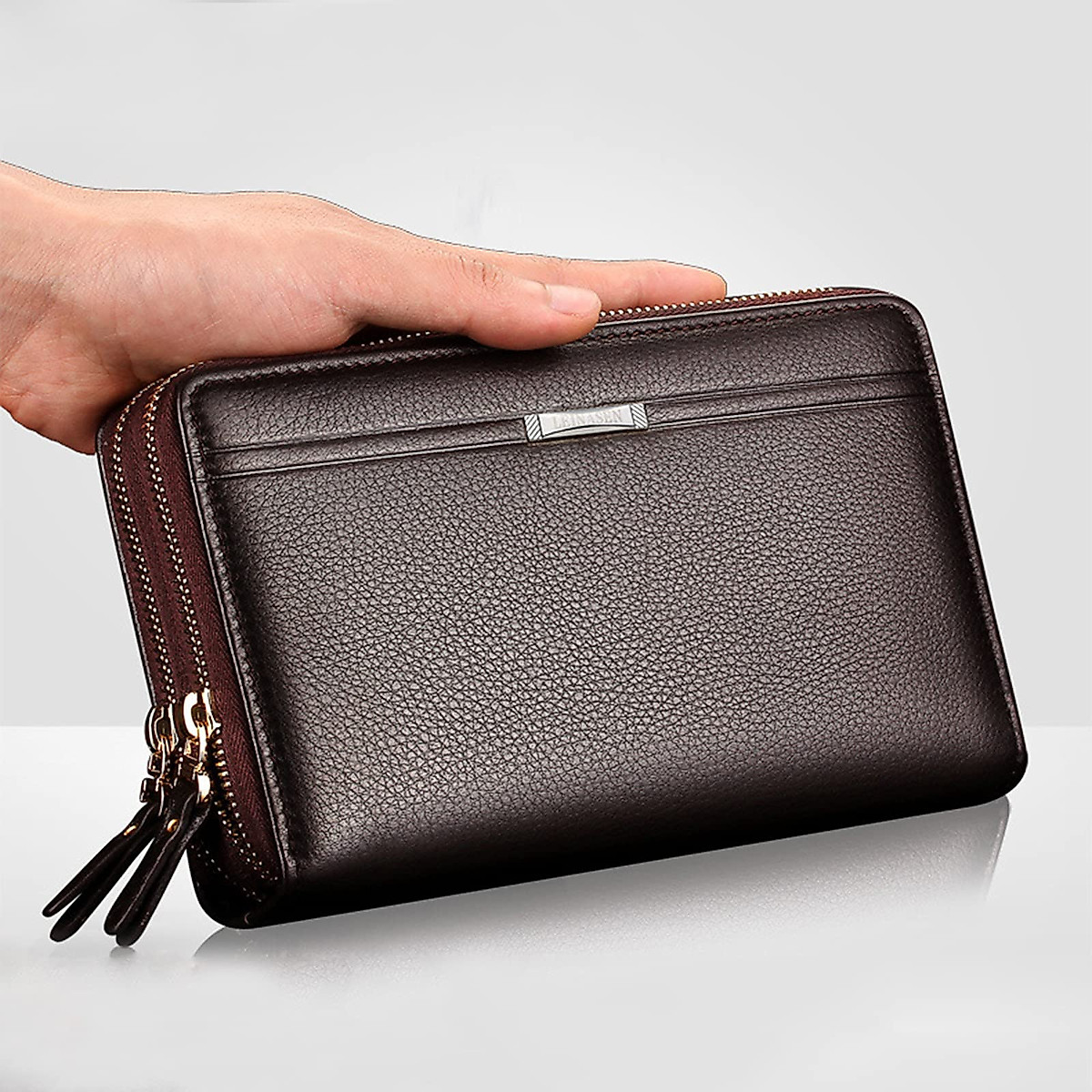 SUMGOGO Large Clutch Handbag Leather Zipper Around Wallets Wristlet Card Business Phone Wallet Case for Women Men (A-Brown)