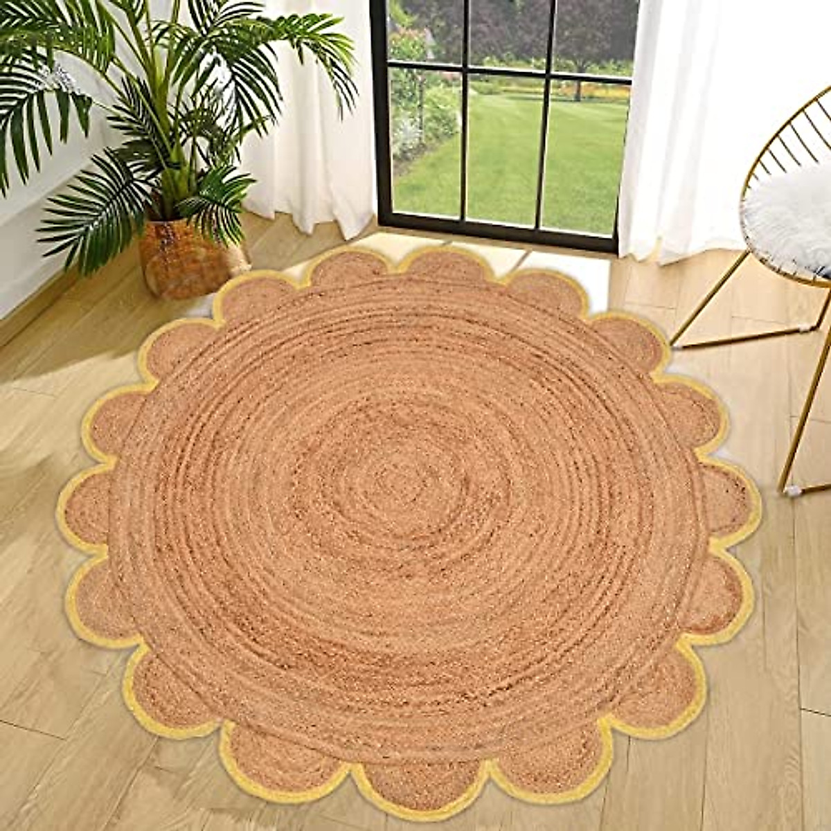 4x4, 5x5, 6x6, Natural Jute Scallop Round Rug, Floor Yellow Scalloped Edge Rug Braided Boho Eco Large Circular Handmade Area Rugs (3x3 FT)