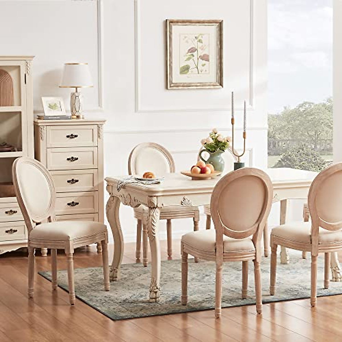 French Country Dining Chairs Set of 2, Farmhouse Dining Chairs with Round Backrest, Mid Century Upholstered King Louis Back Accent Side Chair with Solid Wood Leg for Dining Room Bedroom Kitchen