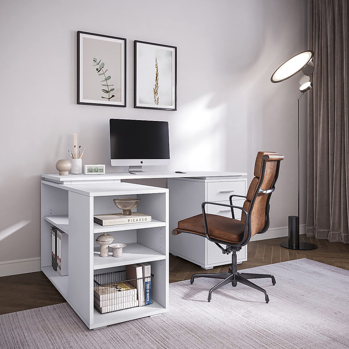 BELLEZE L Shaped Computer Desk, 60” Study Writing Table Home Office Desk Morden Corner Workstation Setup with Adjustable Storage Shelves and 3 Drawers, White