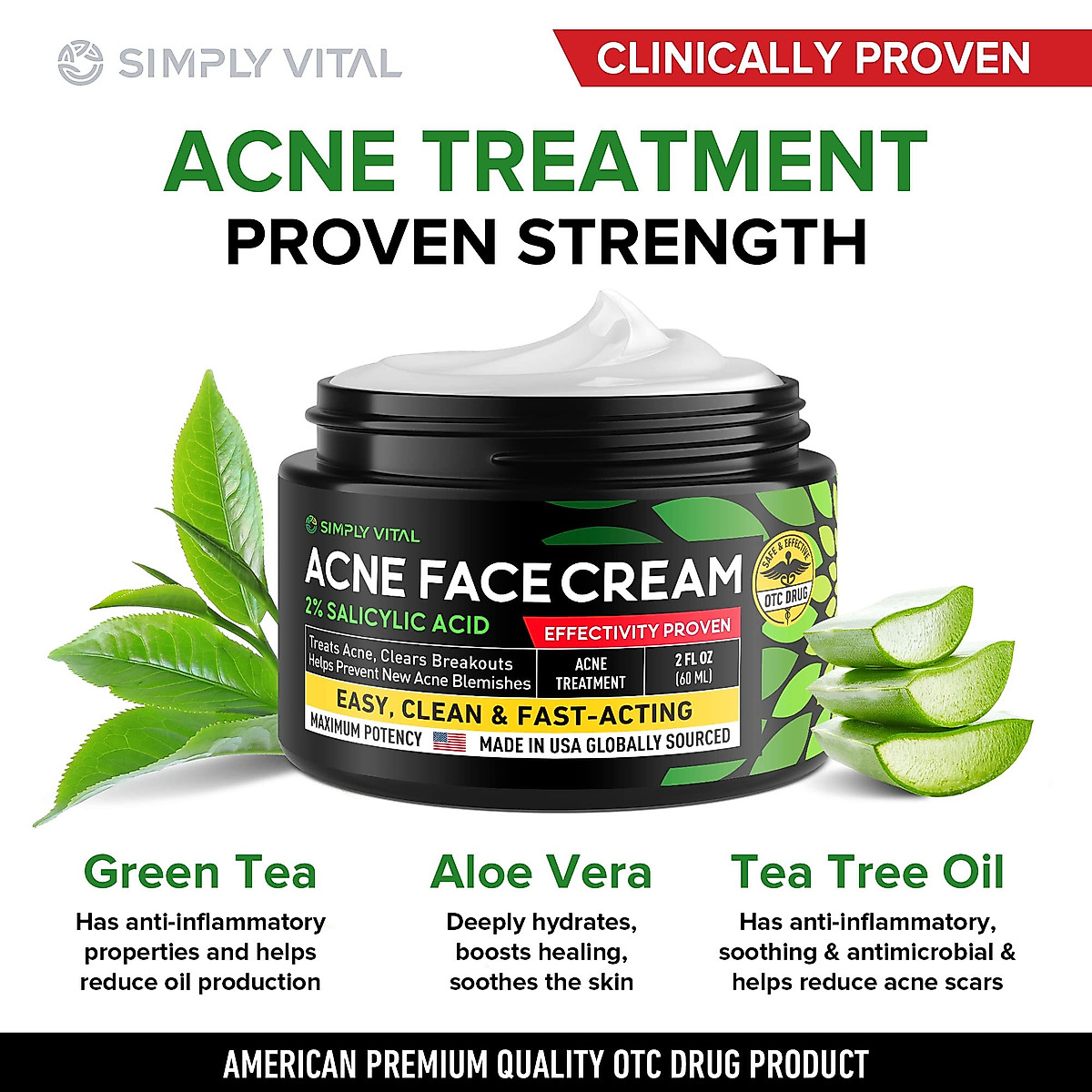 Acne Medication Face Cream - Made in USA Fast Acting Drug Acne Treatment For Stubborn Pimple Blackhead Whitehead Blemish - Soothing Acne Moisturizer for Inflammation Relief & Acne Scar Prevention 2oz