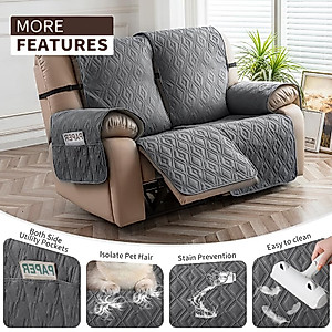 Genina Loveseat Recliner Cover Non-Slip, Sofa Cover for Reclining Couch 2 Seat, Loveseat Covers Double Recliner Furniture Protector Cover with Elastic Straps for Pets (Dark Gray, Recliner Loveseat)