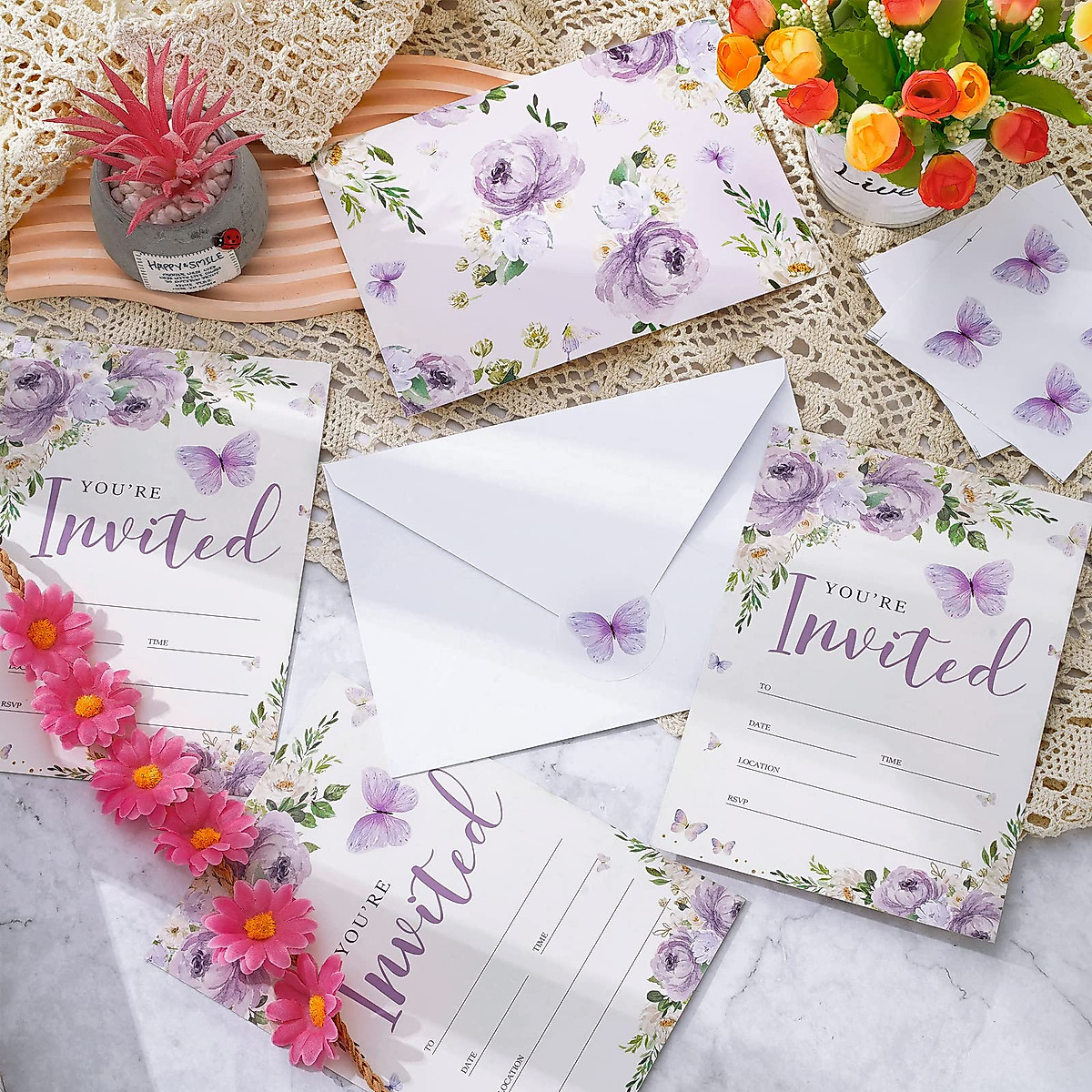 AnyDesign 20 Set Butterfly Purple Floral Invitations with Envelopes Stickers 5 x 7 Inch Spring Watercolor Invitation Paper Cards Blank Invites for Girls Baby Shower Wedding Birthday Dinner Party