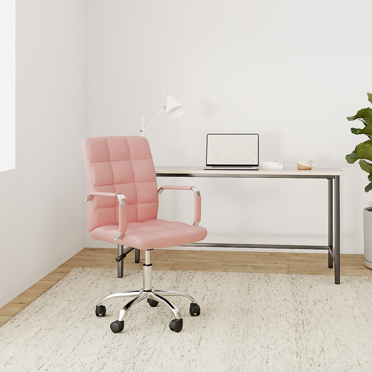 MFD LIVING High Back Desk Chair, Modern PU Leather Home Office Task Chair with Arms, Adjustable Swivel Computer Executive Chair with Wheels (Pink)