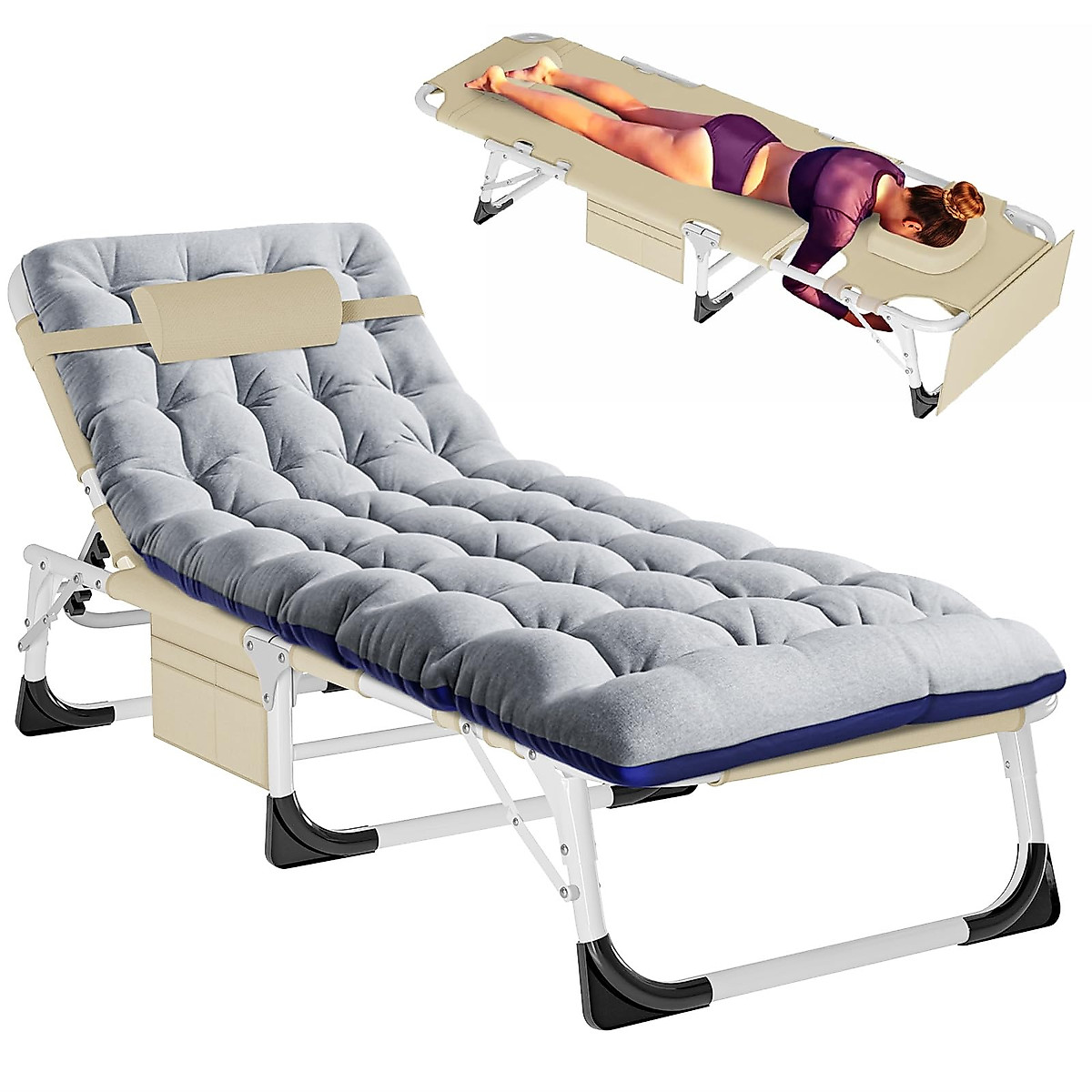 Barbella Heavy Duty Tanning Chair Lounge Chair, Folding Beach Lounger with Face Arm Hole, Adjustable 5-Position Patio Chaise Lounges for Patio, Poolside, Lawn Outside Sunbathing, Beige Gray