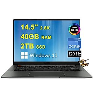 ASUS Vivobook S 14X OLED Business Laptop 14.5" 2.8K OLED 120Hz (600nits, 100% DCI-P3) 12th Gen Intel 14-core i7-12700H 40GB RAM 2TB SSD Backlit Fingerprint Thunderbolt Harman HDMI Win11 + HDMI Cable