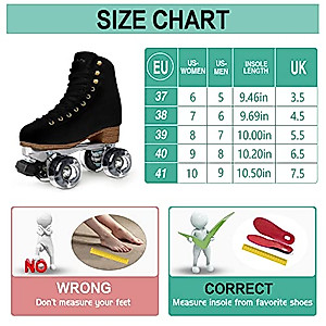 Tuosamtin Genuine Suede Roller Skates for Women Girls or Men with Height Adjustable Rubber Stoppers Retro Quad Roller Skates for Outdoor and Indoor (Black, Women's 9 / Men's 8)