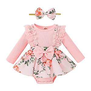 Newborn Baby Girl Ribbed Floral Suspender Dress with Headband 0 3 6 9 12 18 24 Months Fall Outfits Pink-1 0-3 Months