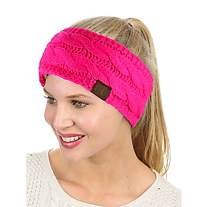 C.C Soft Stretch Winter Warm Cable Knit Fuzzy Lined Ear Warmer Headband, Neon Hot Pink