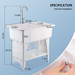 VINGLI Utility Sink Laundry Tub for Washing Room, Freestanding Utility Sink with Stainless Steel Faucet, White, 32.3"W x 22.4" D x43.3"H(Include Faucet)