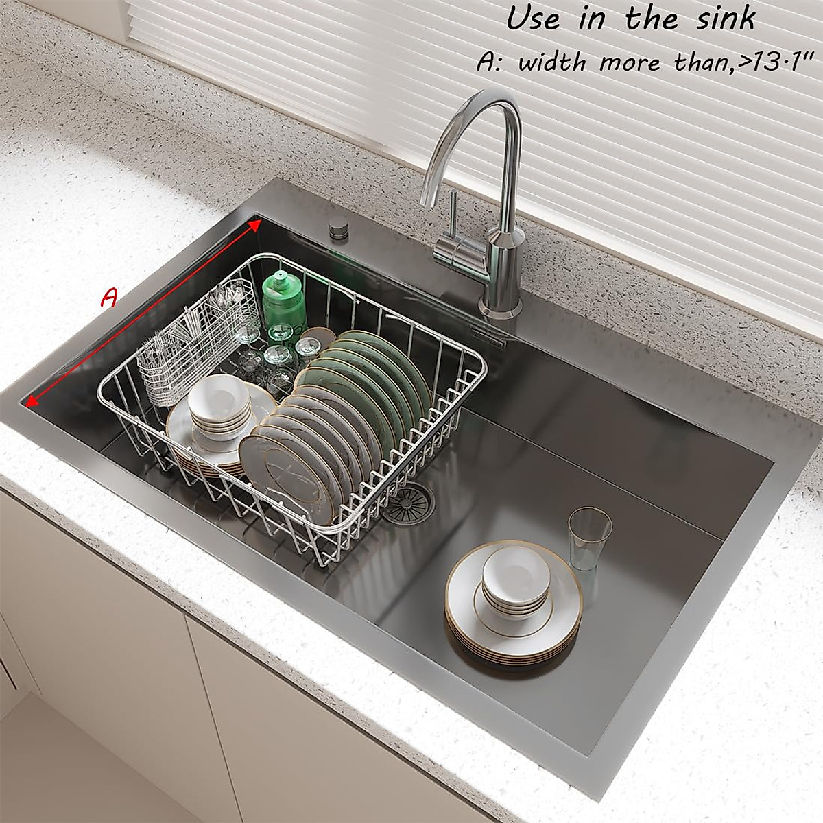 ESBOLM Dish Drainers for Inside Sink - Adjustable Over Sink Stainless Steel Dish Rack,Expandable 15.1" to 21.28" Dish Drying Rack,with Utensil Holder-X-Large(for 3-6 People)