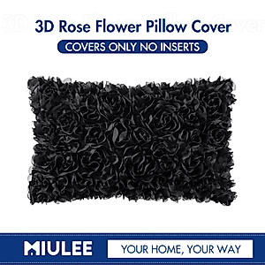 MIULEE 3D Decorative Romantic Valentines Stereo Chiffon Rose Flower Throw Pillow Cover Solid Pillowcase for Girl Women Wedding Sofa Bedroom Car Decor 12x20 Inch 30x50cm Black