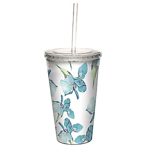 Tree-Free Greetings Delicate Turquoise Watercolor Lilies by Shell Rummel 16 Ounce Artful Double-Walled Cool Cup with Reusable Straw