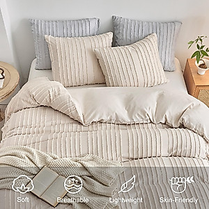WARMDERN Khaki Boho Duvet Cover Set Queen Size, Striped Textured Tufted Bedding Set, 3 Piece Soft Washed Microfiber Duvet Cover with Zipper Closure (Khaki)