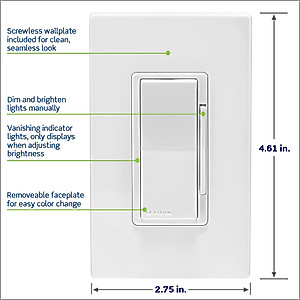 Leviton D26HD-2RW Decora Smart Wi-Fi Dimmer (2nd Gen), Works with Hey Google, Alexa, Apple HomeKit/Siri, and Anywhere Companions, No Hub Required, Neutral Wire Required, White