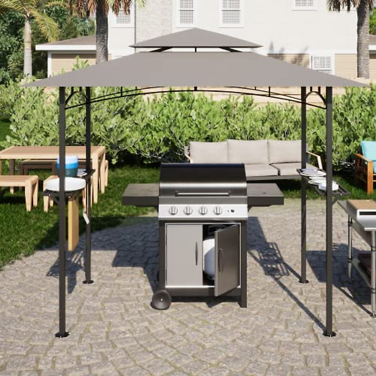 8x5 Ft Grill Gazebo, Double Tiered Outdoor BBQ Gazebo w/Hook & Bar, Bottle Opener, Barbecue Grill Gazebo Shelter for Patio, Garden, Beach, Backyard (Gray + Iron)