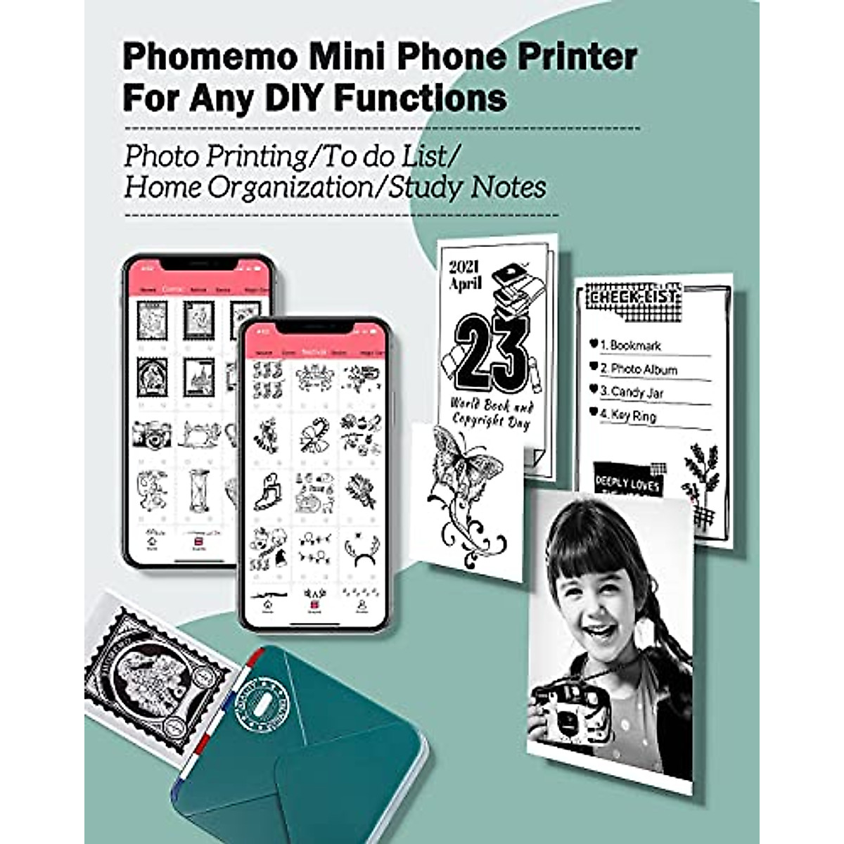 Phomemo M02S 304dpi Pocket Printer- Bluetooth Thermal Photo Printer, Black and White Print-Out Phone Printer for Photo Printing, Plan Journal, Organization, DarkGreen