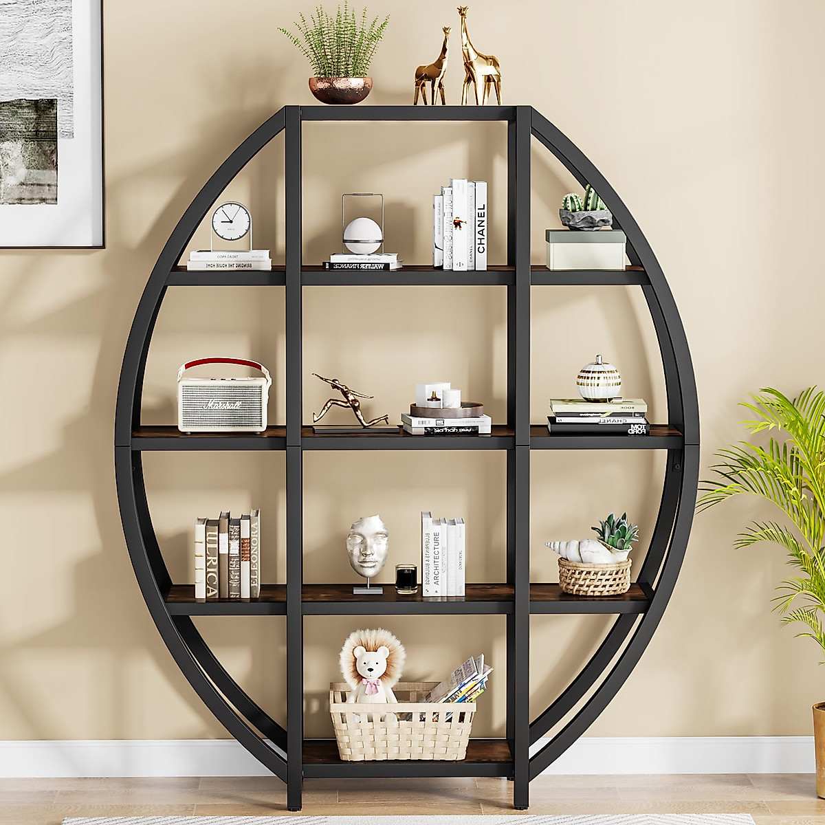 Tribesigns Etagere Bookcase, 5 Tiers Large Tall Oval Bookshelf, Industrial Wood Bookshelves Display Open Shelf Organizer for Living Room, Bedroom, Home Office