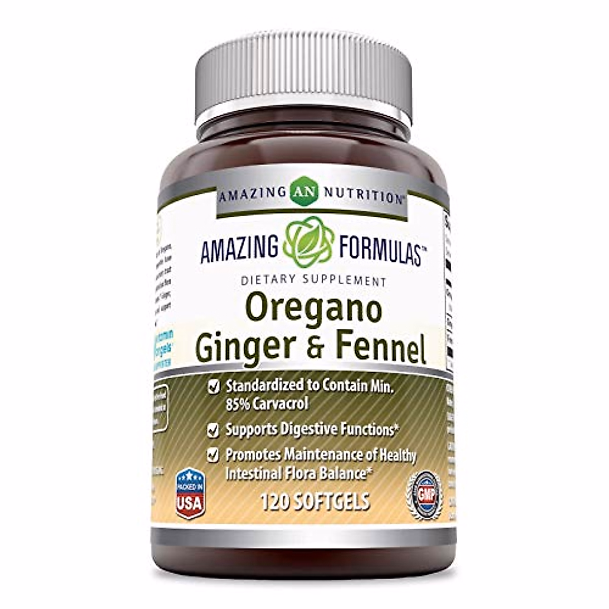 Amazing Formulas Oregano (Origanum) Oil Ginger Fennel - 120 Softgels (Non-GMO,Gluten Free) - Standardized to Contain Minimum 85% Carvacrol - Supports Digestive Function.