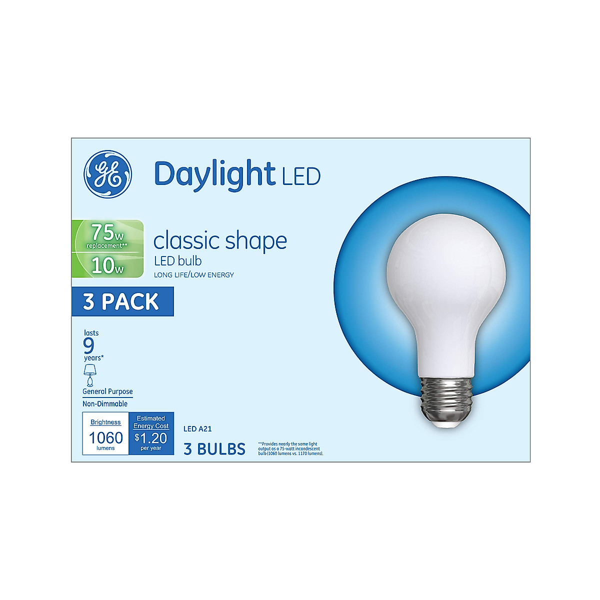 GE Lighting 99202 Frosted General Purpose Classic Shape A21 Daylight LED 16-Watt (100-Watt Replacement), 1520-Lumen Medium Base, 3 Count (Pack of 1)