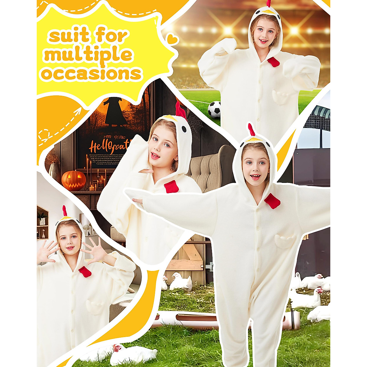 CANASOUR Chicken Onesie Kids Halloween Cosplay Costume Girls One Piece Rooster Pjs Anime Unisex Hoodie Pajamas For 8-10 Years Boys Party Pyjamas (Height 51-55”, 8 Years,Chicken)